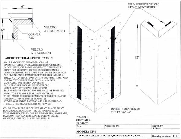 Easy Stick Corner Pads 6' Tall, 6" Sides | AK Athletic Equipment